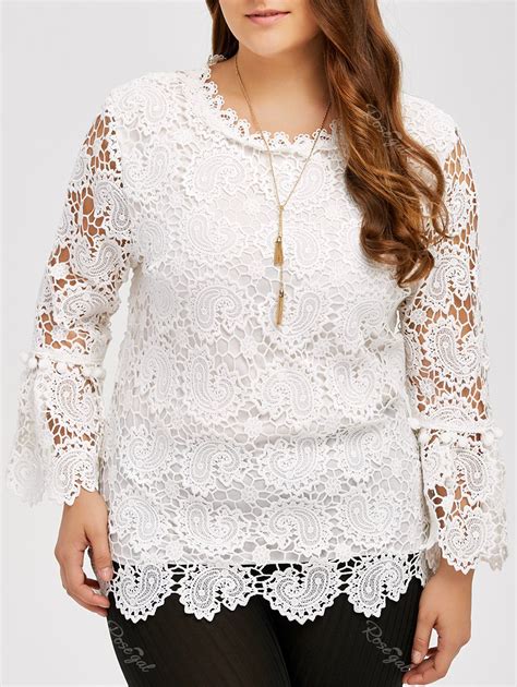 White Plus Size Openwork Sheer Lace Blouse