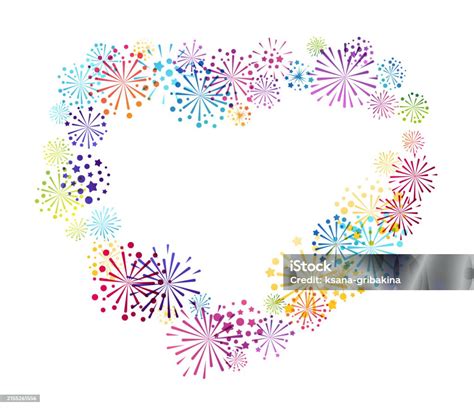 불꽃 놀이 하트 모양 프레임입니다 폭발 섬광의 디자인 요소 축제 휴일 및 행사를 위한 장식 고립 색상에 대한 스톡 벡터 아트 및