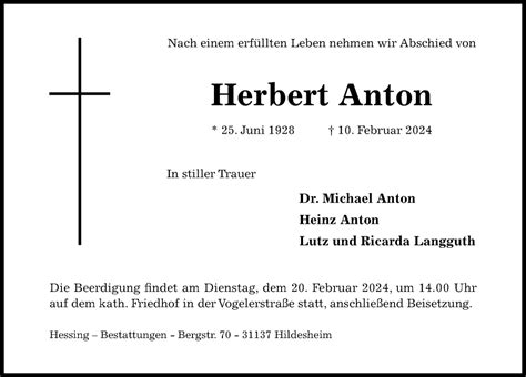 Traueranzeigen Von Herbert Anton Trauerportal Hildesheimer Allgemeine Zeitung