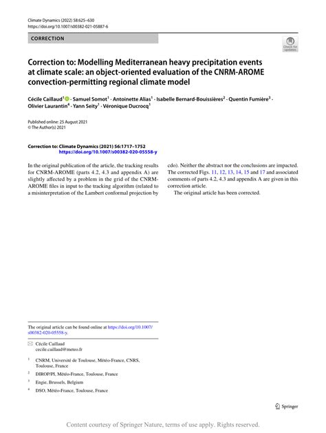 Correction To Modelling Mediterranean Heavy Precipitation Events At Climate Scale An Object