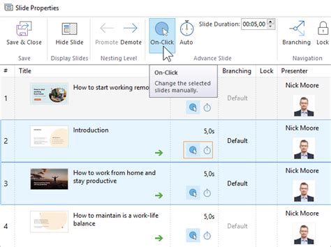 Setting Slide Advance Options