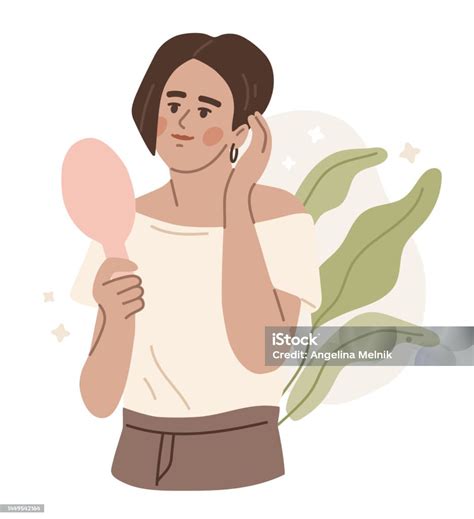거울을 보며 화장을 하는 예쁜 소녀 립스틱 마스카라 파운데이션 뷰티 블로거 여자의 초상화입니다 메이크업 미용 술 화장품 평면
