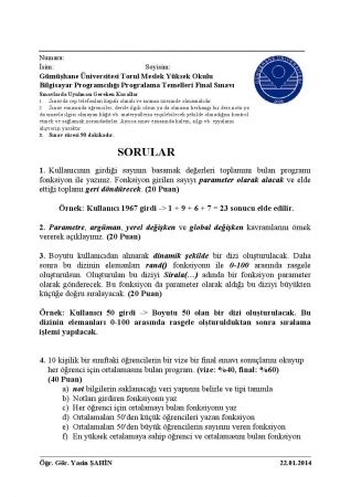 Programlama Temelleri Dersi Vize Soruları ve Çözümleri Vize ve Final