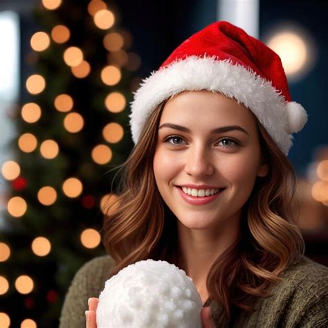 Premium Photo Woman Wearing Santa Hat Holding Snowball Smiling