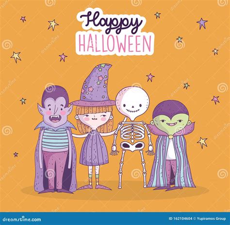 Feliz Celebración De Halloween Chicas Brujas Chicos Esqueleto Dracula
