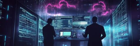Two It Professionals Working In A Data Center With Servers And Cloud