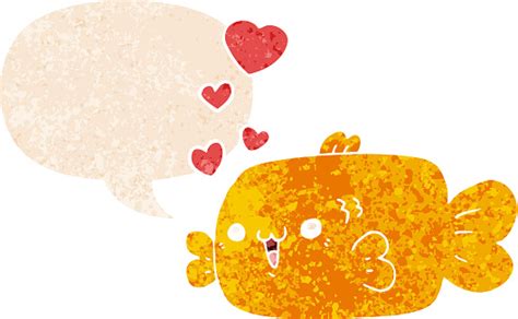그런 지 고민 복고풍 질감 스타일에 말풍선이 있는 사랑의 마음을 가진 귀여운 만화 물고기 귀여운에 대한 스톡 벡터 아트 및 기타