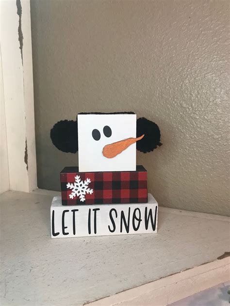 Snowman Blocks Shelf Decor Christmas Tiered Tray Buffalo Plaid