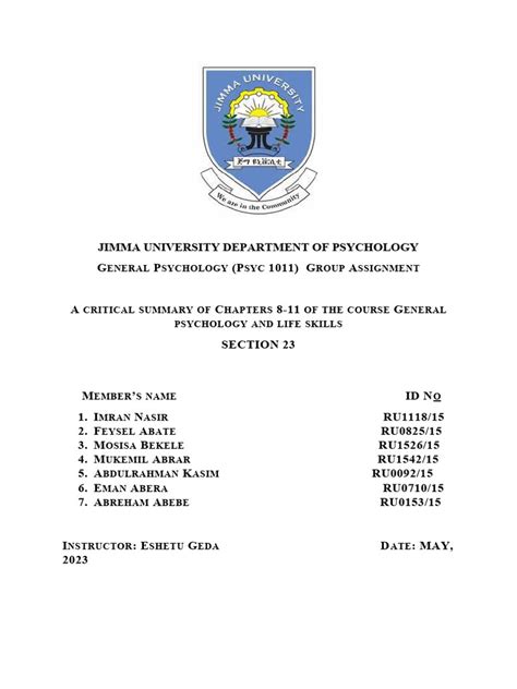 Jimma University Department Of Psychology Assignment Summary Of