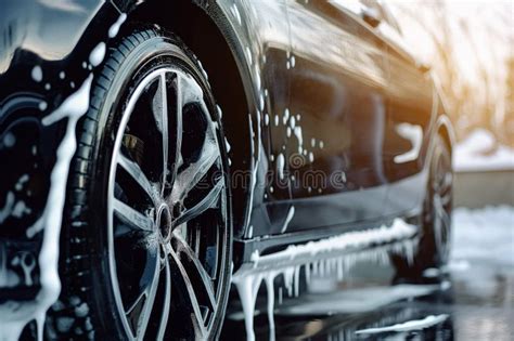 Black Car Parked On Snowy Street With Clean Wheels Covered In White
