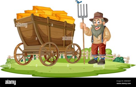 Smiling Farmer Standing Next To A Loaded Hay Wagon Stock Vector Image