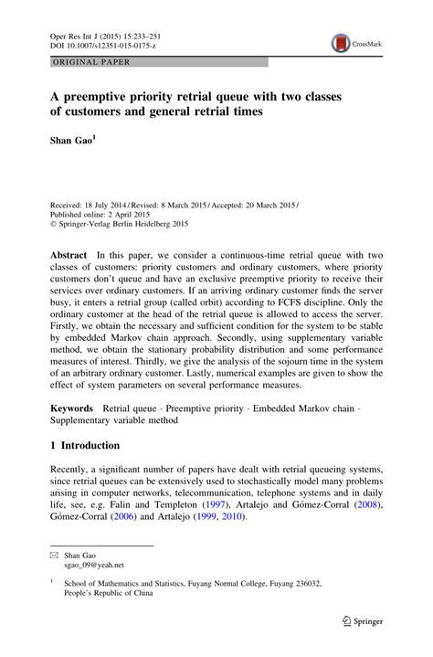 Pdf A Preemptive Priority Retrial Queue With Two Classes Of Customers