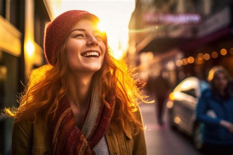 Un Primer Plano De Una Joven Emocionada Explorando Una Bulliciosa Calle De La Ciudad Ia