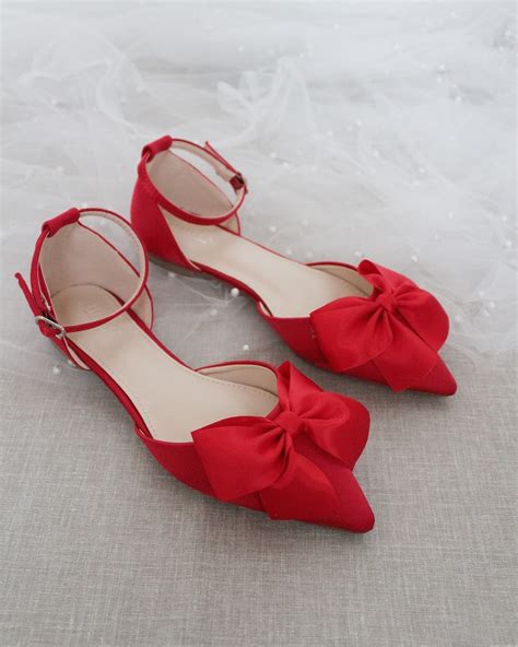 Red Satin Pointy Toe Flats With Front Satin Bow Wedding Etsy
