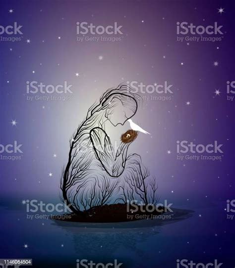 흰 새 둥지를 들고 밤 강에서 숨기는 여자 같은 나무 실루엣 봄 밤 나무 영혼 밤 요정 나무 벡터 여자에 대한 스톡 벡터 아트