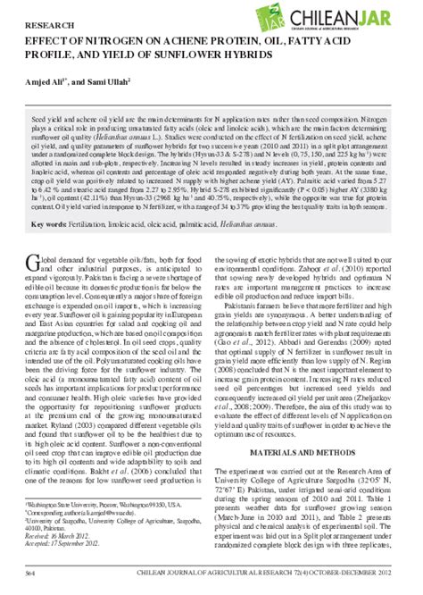 Pdf Effect Of Nitrogen On Achene Protein Oil Fatty Acid Profile And Yield Of Sunflower Hybrids