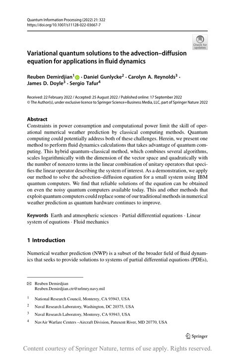 Variational Quantum Solutions To The Advection Diffusion Equation For Applications In Fluid Dynamics