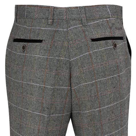 Mens Herringbone Check Trouser Vintage Tweed Slim Fit Smart Formal Pant