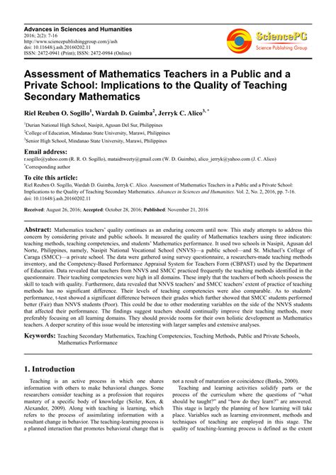 Pdf Assessment Of Mathematics Teachers In A Public And A Private School Implications To The