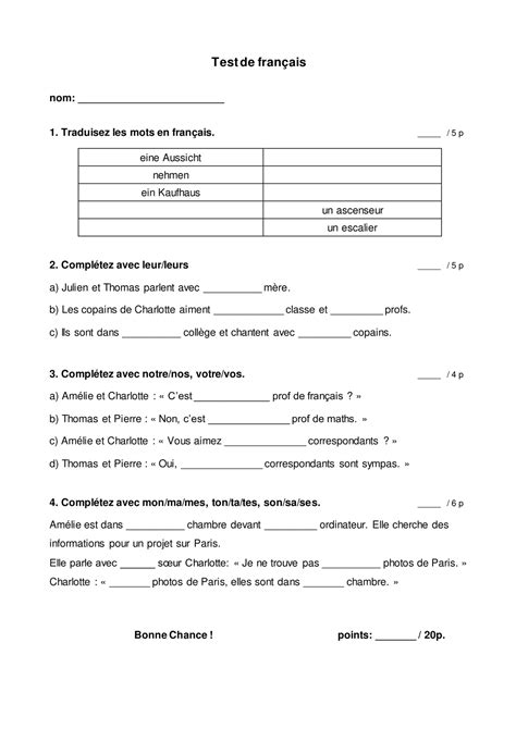 Test Possessivpronomen Vokabeln Klasse 7 Französisch
