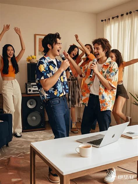 外国人在家聚会唱歌，其中两个人拿着麦克风唱歌，后面的人跳舞，有个展台放音箱 花瓣网
