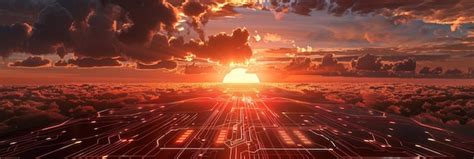 Premium Photo Sunset Over Digital Landscape With Circuit Patterns