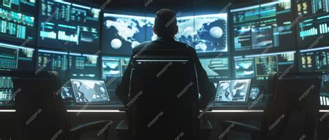A Business Professional Oversees Multiple Screens In A Hightech Control Room With Displays