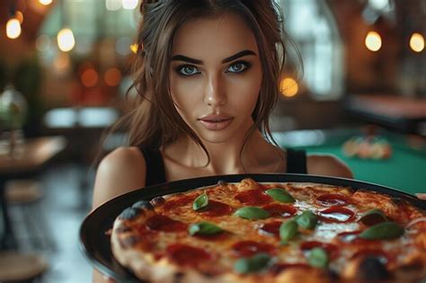 Premium Photo Woman In A Restaurant Carrying A Pizza Tray Ready To