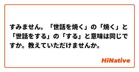 すみません。「世話を焼く」の「焼く」と「世話をする」の「する」と意味は同じですか。教えていただけませんか。 Hinative