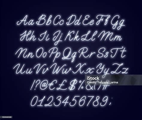 네온 화이트 스크립트 알파벳 문자 숫자 및 특수 문자와 빛나는 필기체 글꼴 네온에 대한 스톡 벡터 아트 및 기타 이미지 네온 형광색의 흰색 Istock