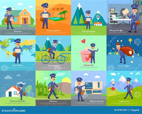Set Of Icon With Postman Characters And Mail Boxes Stock Vector