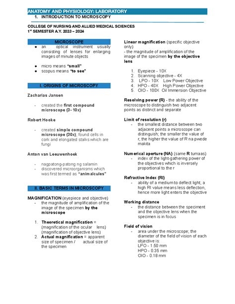 1 LAB Microscopy ANATOMY AND PHYSIOLOGY LABORATORY 1 INTRODUCTION TO MICROSCOPY COLLEGE OF