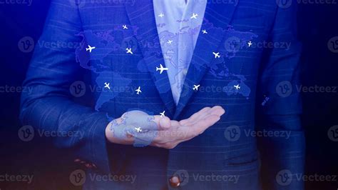 Businessman Hand Pushing Flight Booking Networking Hand Pressing Light