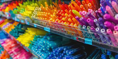 Colored Pens Pencils Markers On Shelf In Stationery Store Background