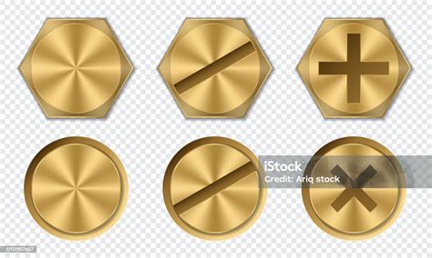 Set Kepala Baut Emas Tampilan Atas Kepala Sekrup Dan Baut Baut Logam Emas Ilustrasi Vektor