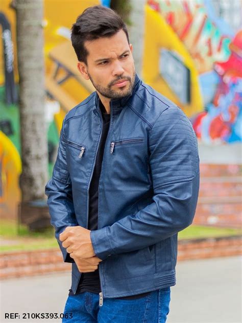 Jaqueta Masculina Couro Ecológico Gola Média Azul