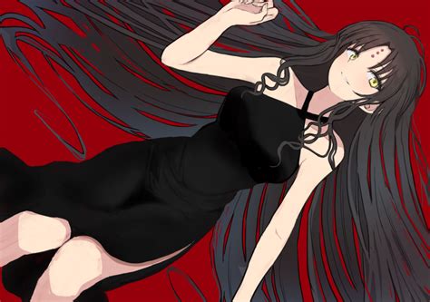 Safebooru 1girl Bangs Bare Arms Bare Shoulders Black Dress Black Hair Blush Breasts Commentary
