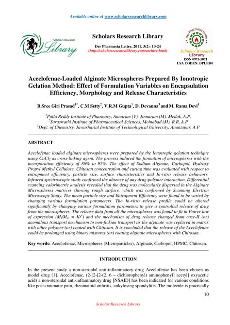 Pdf Aceclofenac Loaded Alginate Microspheres Prepared By Ionotropic Gelation Method Effect Of