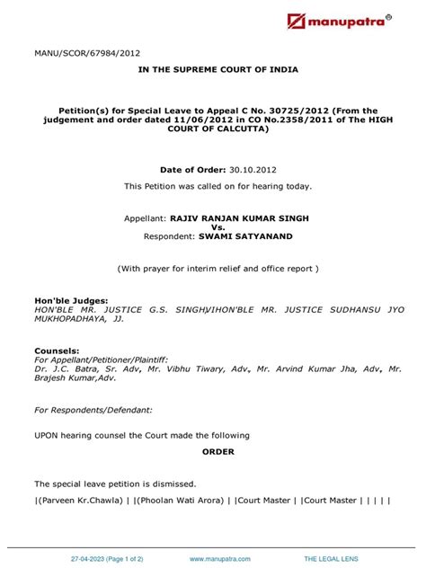 rajiv ranjan kumar singh vs swami satyanand 30102scor1246491com703528 pdf