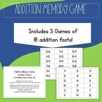 Addition Facts Memory Game Addition Facts From 0 20 By Simplyprintable