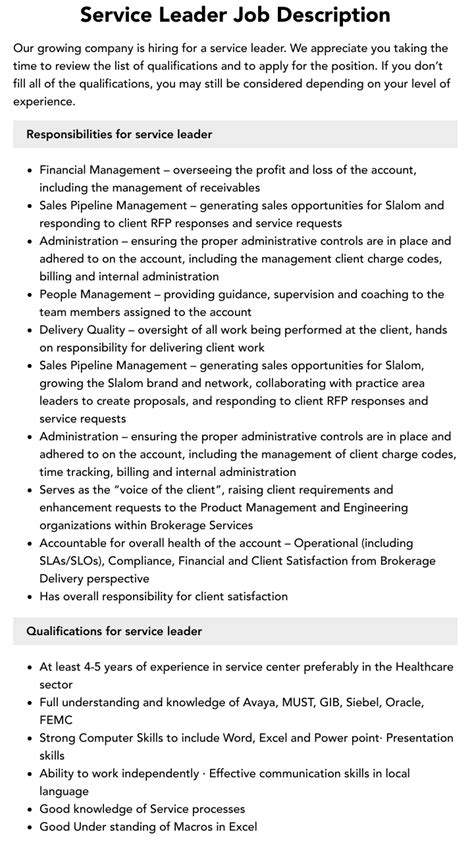 Service Leader Job Description Velvet Jobs