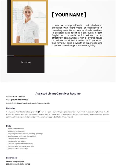 Free Assisted Living Caregiver Resume Template To Edit Online