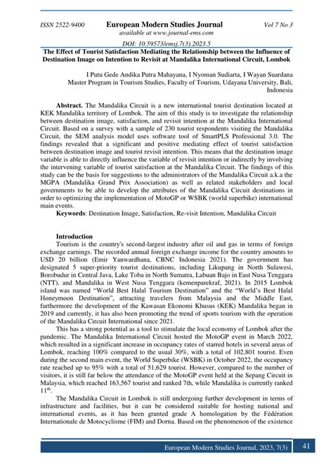 Pdf The Effect Of Tourist Satisfaction Mediating The Relationship Between The Influence Of