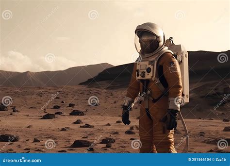 Astronaut In Space Suit On Martian Surface At Day Light Neural Network Generated Image Stock