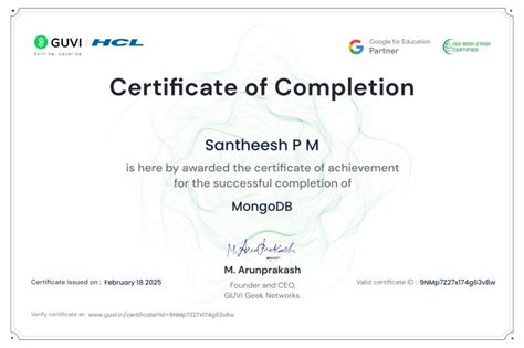 Mongodb Guvi Certification Nosql Database Techskills Santheesh P M
