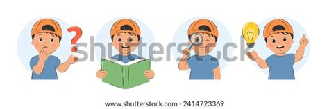 Boy Kid Thinks Reads Textbook Looks Stock Vector Royalty Free