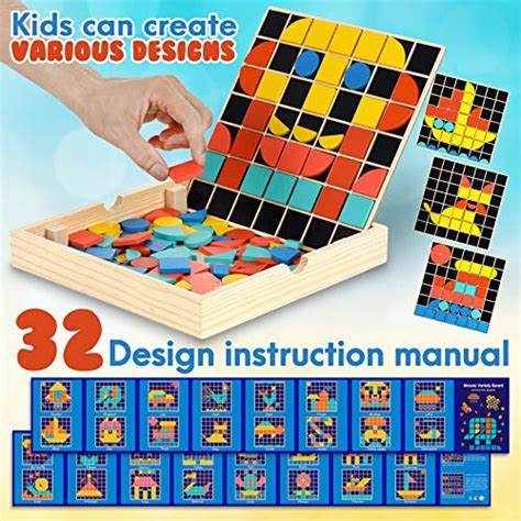 Wooden Pattern Blocks Set And Board 4 In 1 Geometric Shape Mosaic