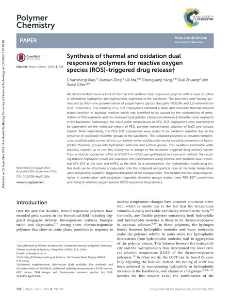 Pdf Synthesis Of Thermal And Oxidation Dual Responsive Polymer For Reactive Oxygen Species