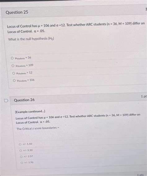 Solved Locus Of Control Has μ 106 And σ 12 Test Whether Arc