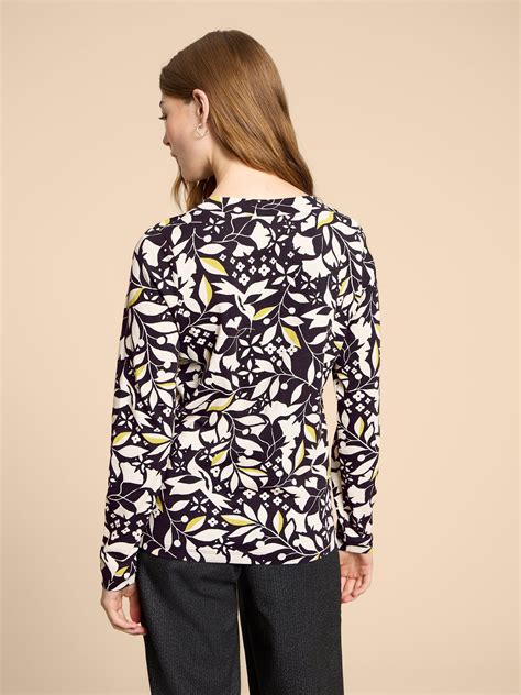 Nova V Neck Long Sleeve Tee In Black Print White Stuff